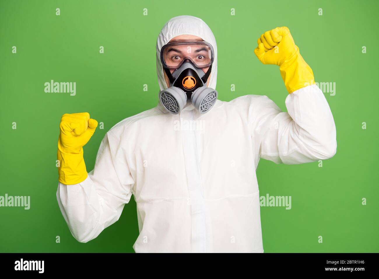 Close-up portrait of his he nice professional disinfectant wearing gas ...
