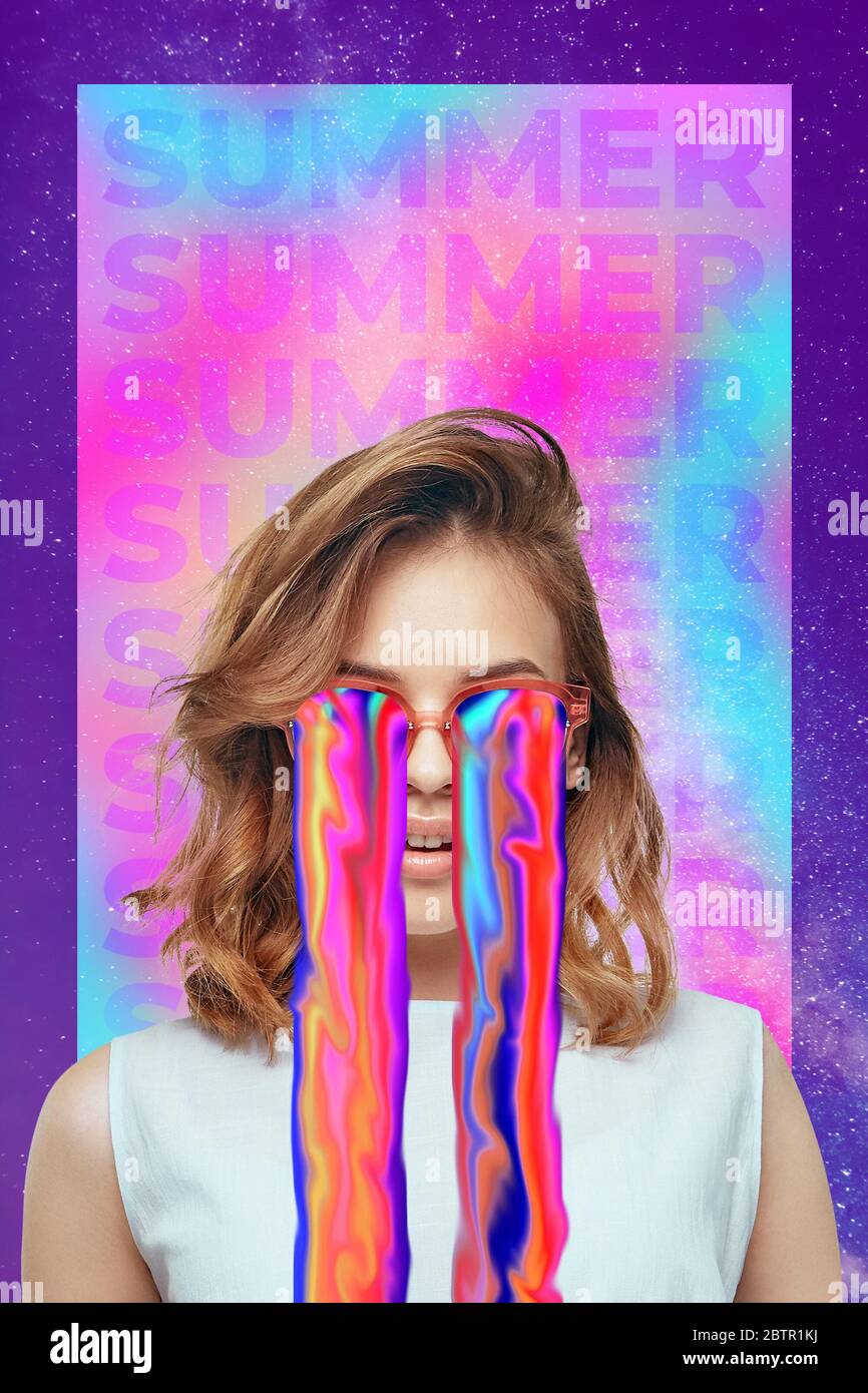 Woman with melting sunglasses on gradient background. It's hot ...