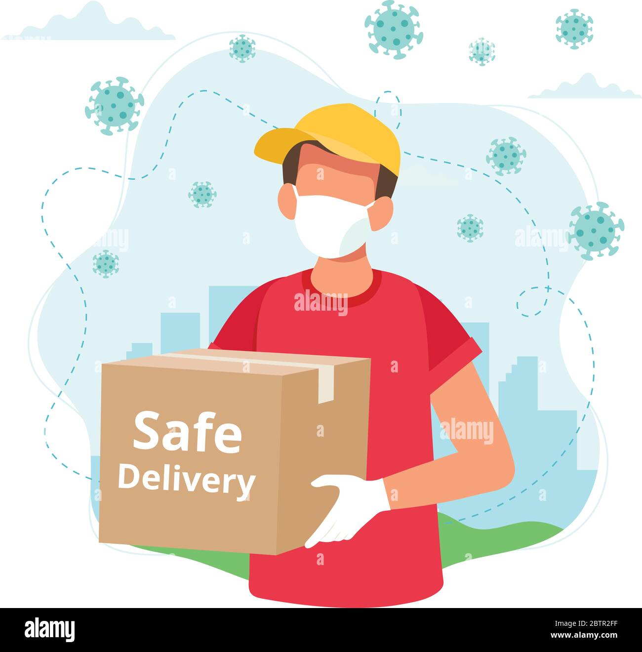 Safe delivery concept, delivery man with a box wearing mask. Vector ...