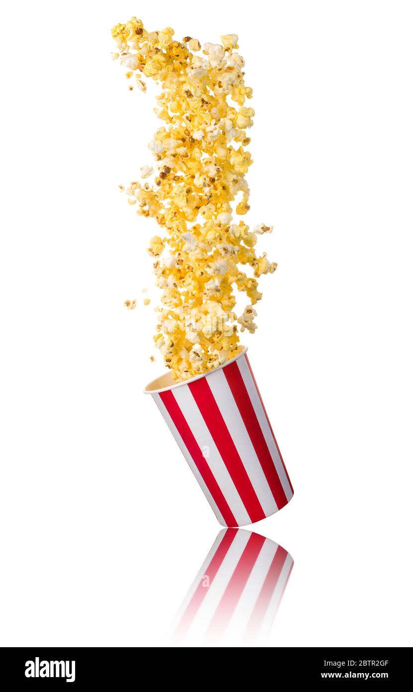 Flying popcorn from paper striped bucket isolated on white background ...