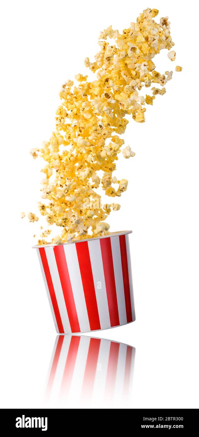 Flying popcorn from paper striped bucket isolated on white background ...