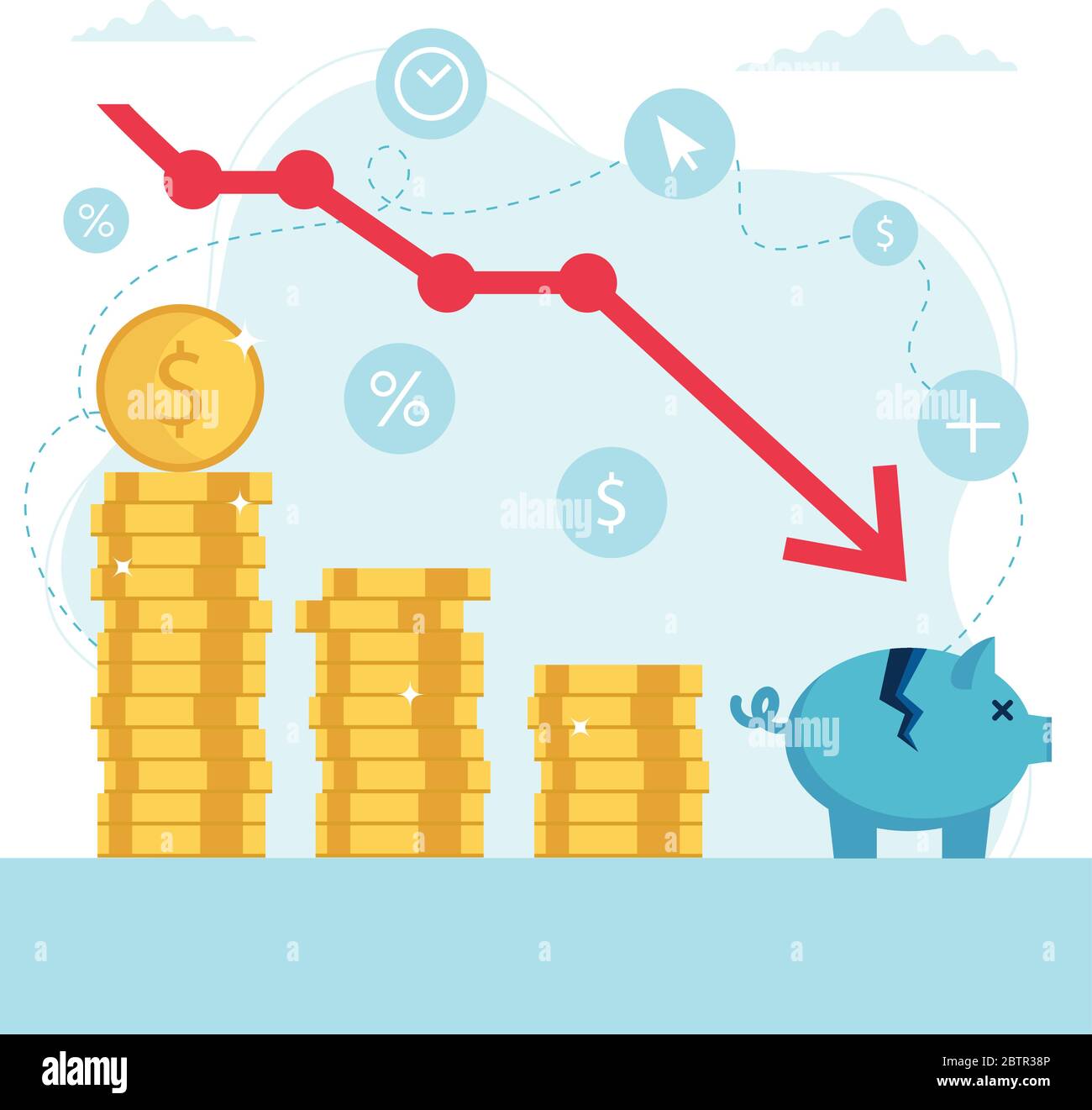 Economic crisis concept, stock market graph falling, money loss. Vector ...