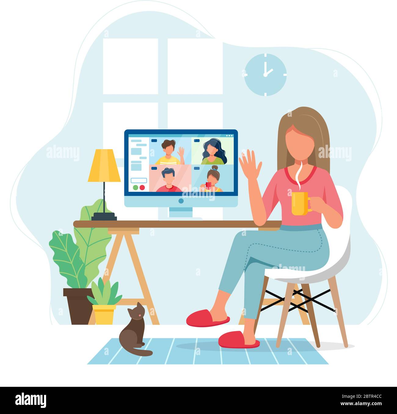 Online meeting via group call. Woman talking to friends in video ...