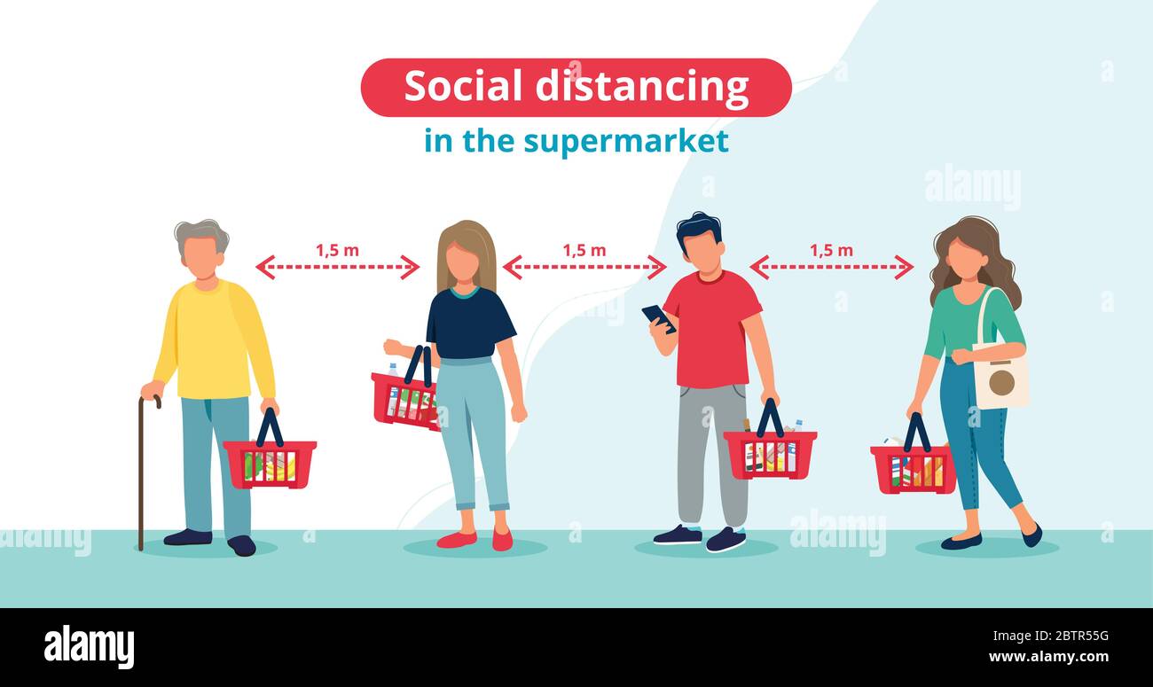 Social distance in supermarket, people in line with shopping baskets ...
