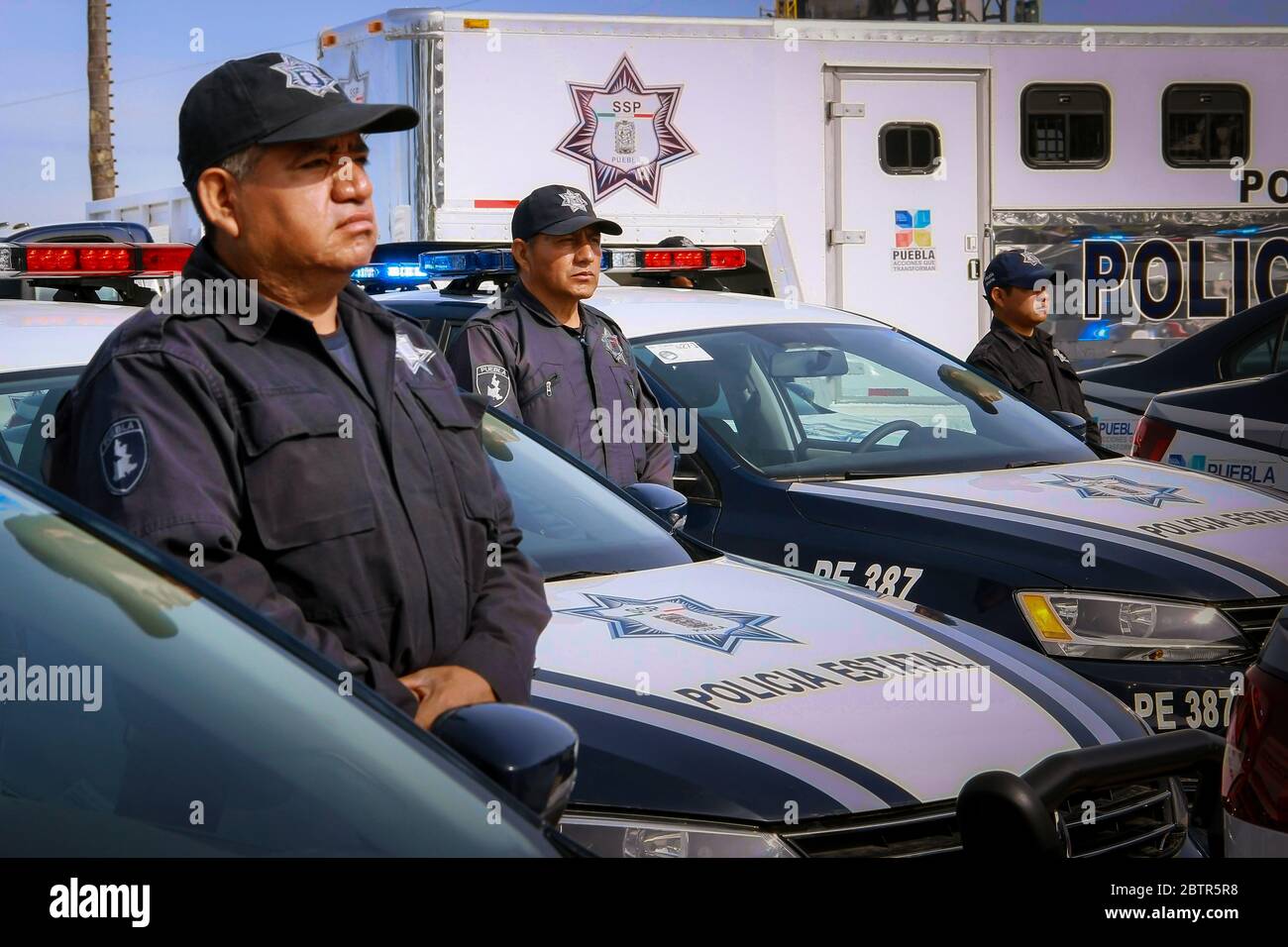 Mexican agents of the Puebla State Police watching during the Covid-19 ...