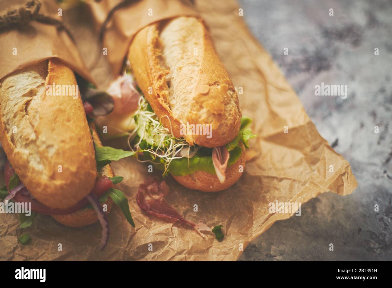 Tasty homemade sandwiches Baguettes with various healthy ingredients ...