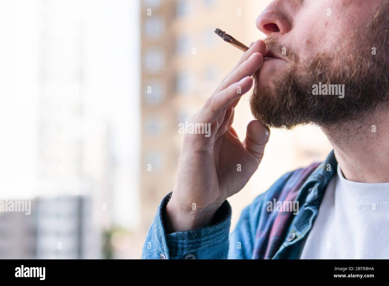 Close-up of male hand holding and smoking marijuana joint or cigarette ...