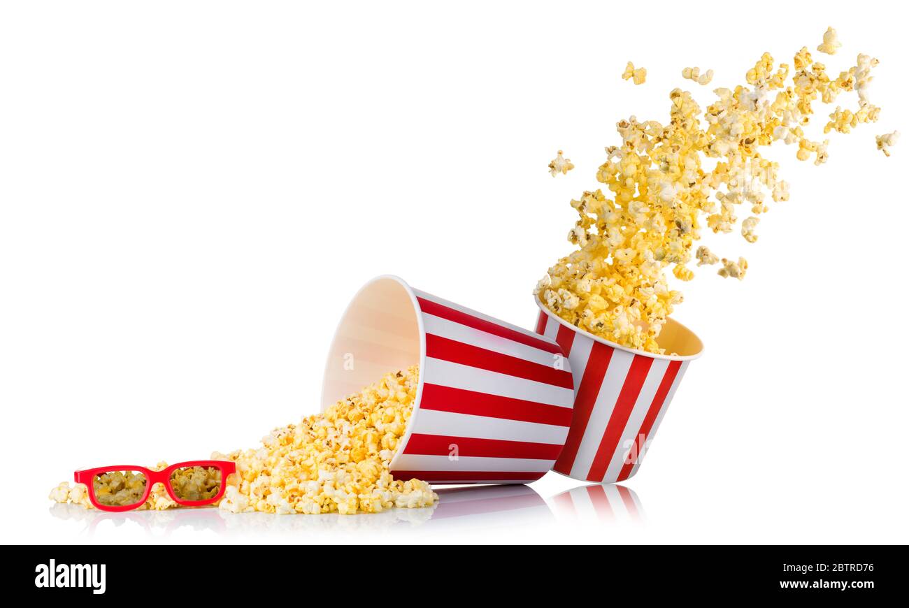 Set of flying popcorn from paper bucket and scattered popcorn isolated ...