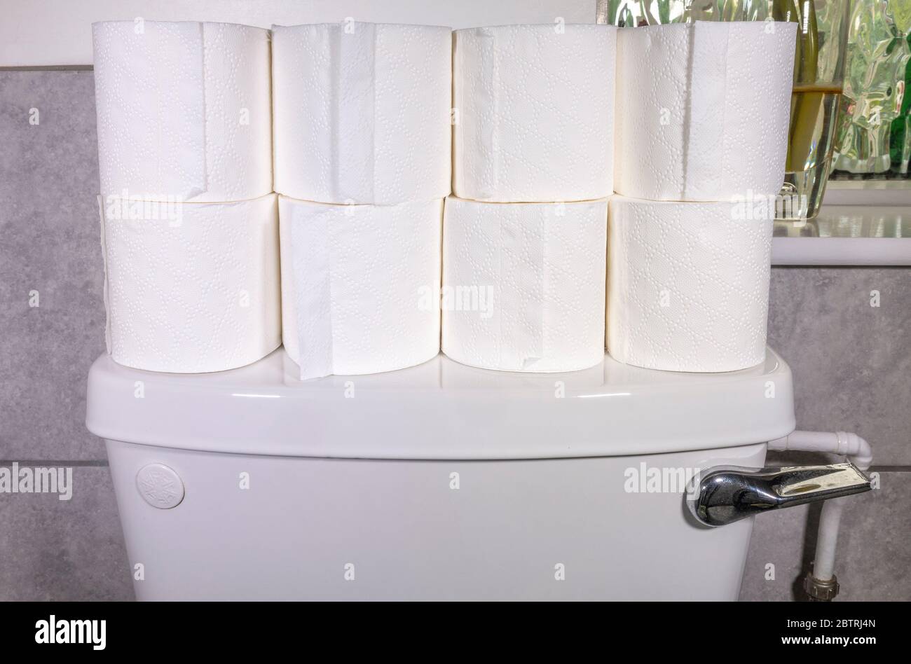 Eight white toilet rolls stacked on top of a white cistern in a ...
