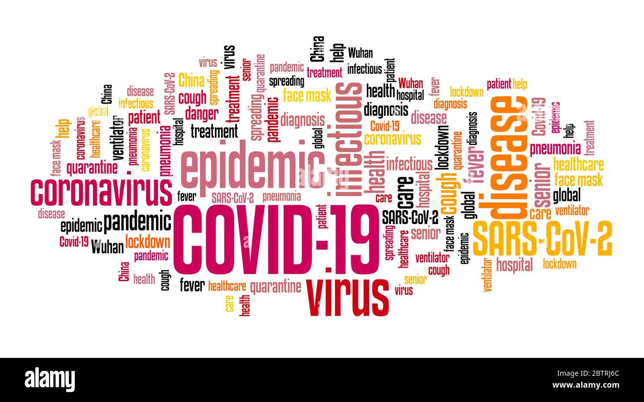 COVID-19 word cloud collage. Coronavirus pandemic words. Healthcare ...
