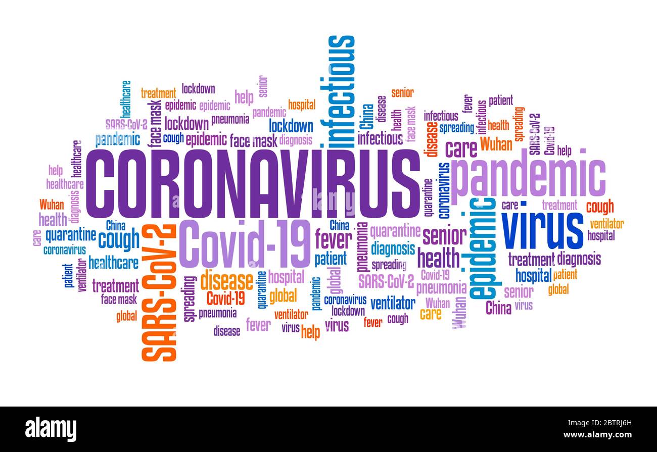 Coronavirus text word cloud collage. COVID-19 global pandemic concept ...