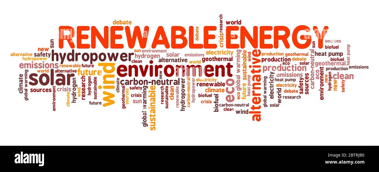Renewable energy concept. Alternative energy sources word cloud sign ...