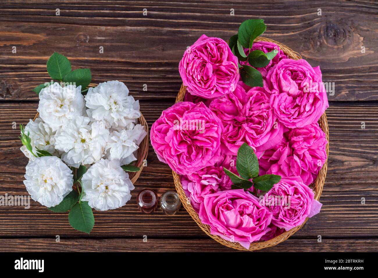 Pink and white Damask roses in basket with vials of rose essence Stock ...