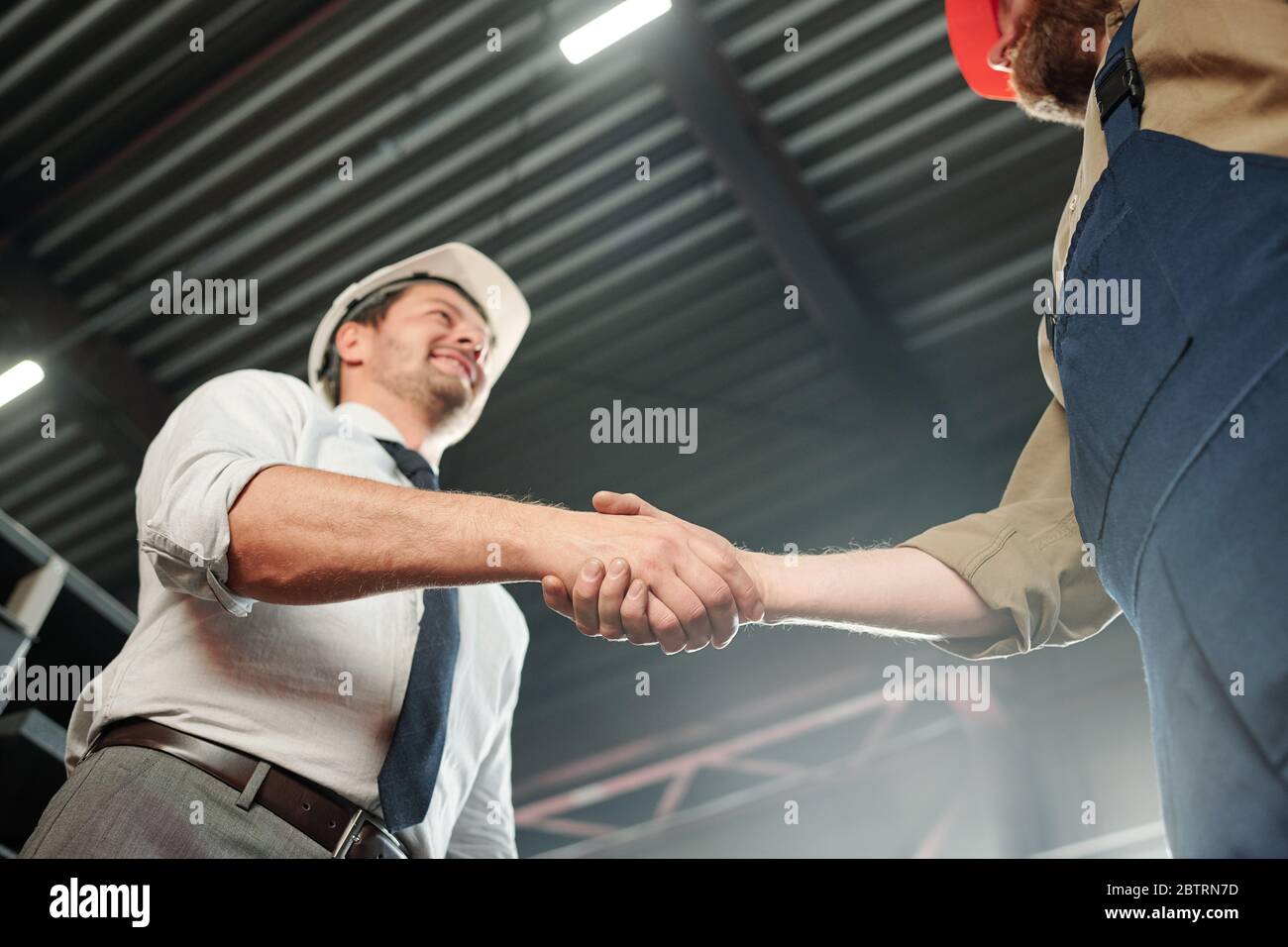Below view of smiling plant owner in shirt and tie handshaking with ...