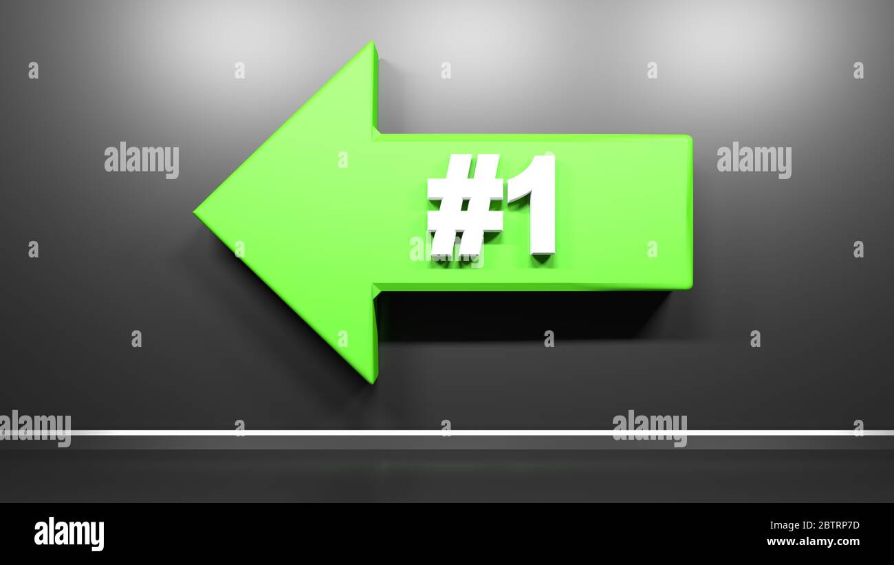 Green arrow to the left, with number 1, on black glossy wall - 3D ...