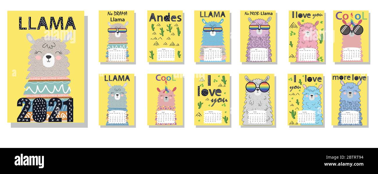 Cute monthly calendar of 2021 with a llama, cactus, inscriptions in the ...