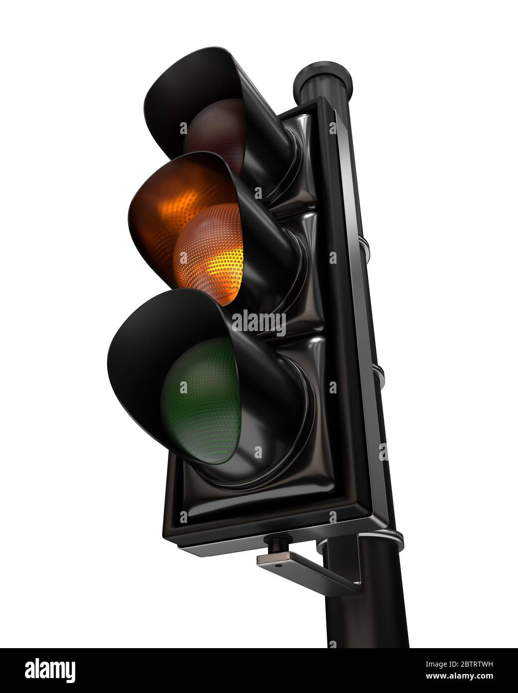 Close-up on a traffic light, the orange light is on, isolated on white ...