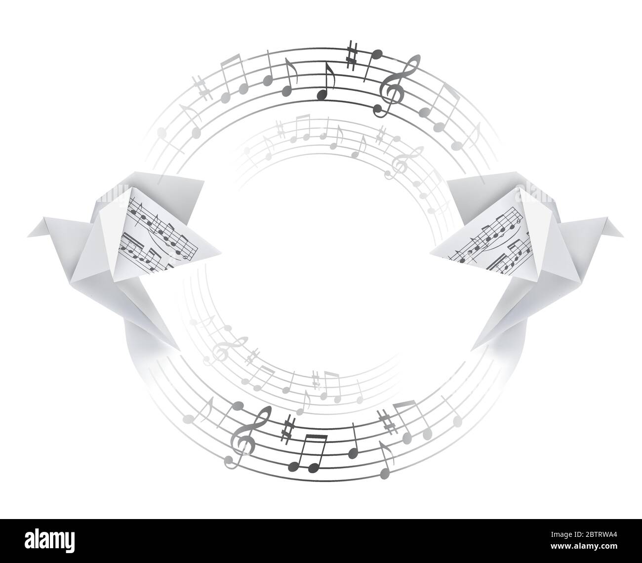 Round decorative frame with Origami doves with musical notes. Stylized ...