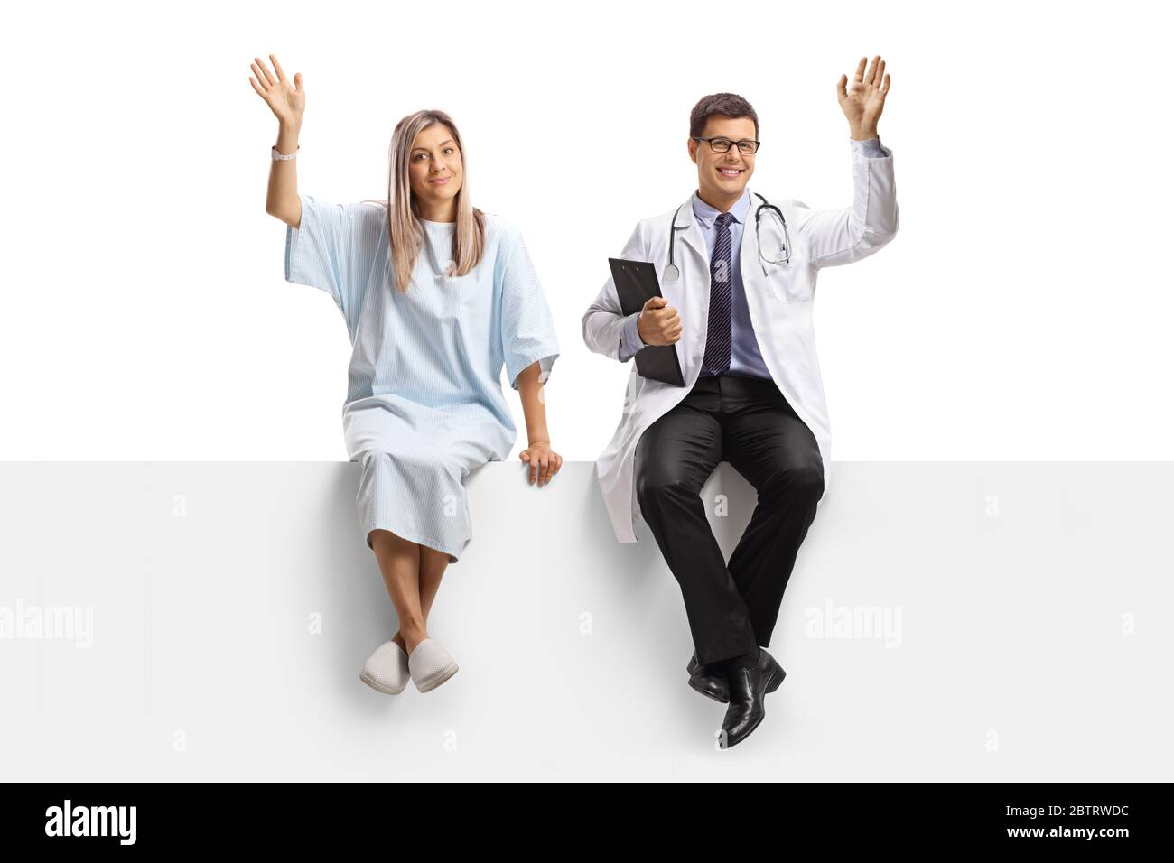 Full length profile shot of a male doctor and a female patient sitting ...