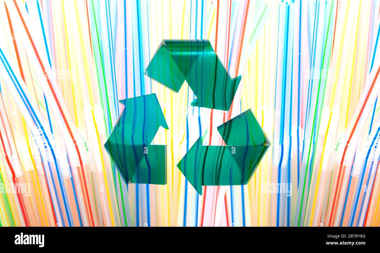 Green Stylish Recycle Arrow on Multicolored Plastic Straws Background ...