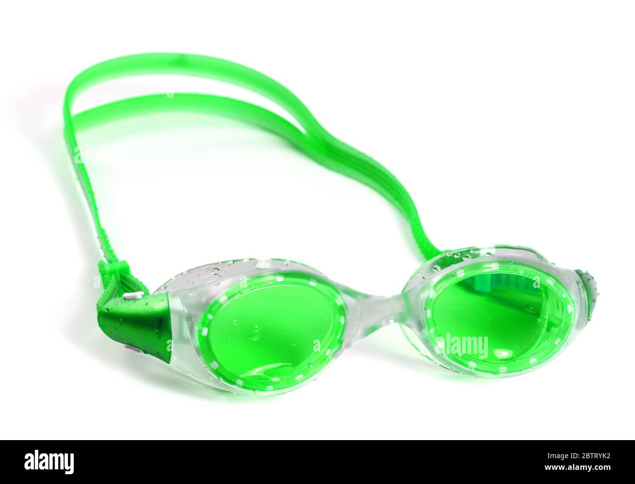 Light green goggles for swimming with water drops. Isolated on white ...
