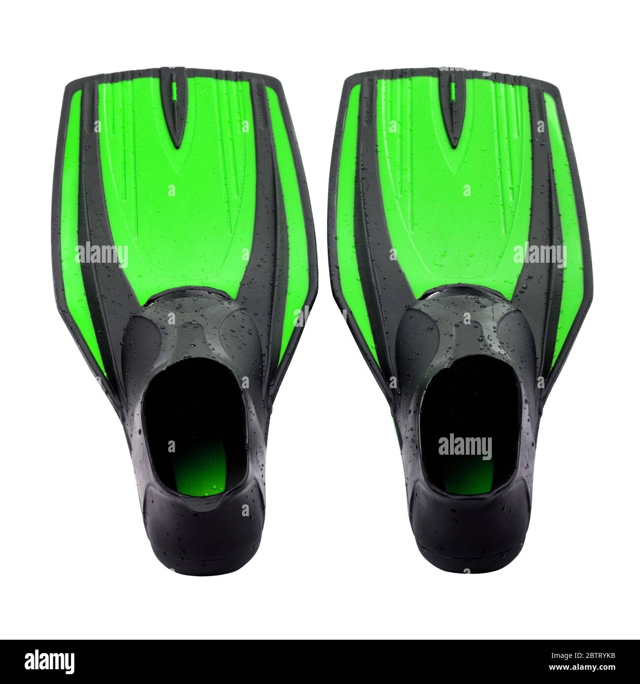 Light green flippers for diving with water drops. Isolated on white ...