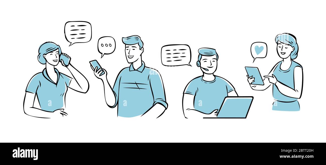 Internet communication, network. People messaging sketch vector ...