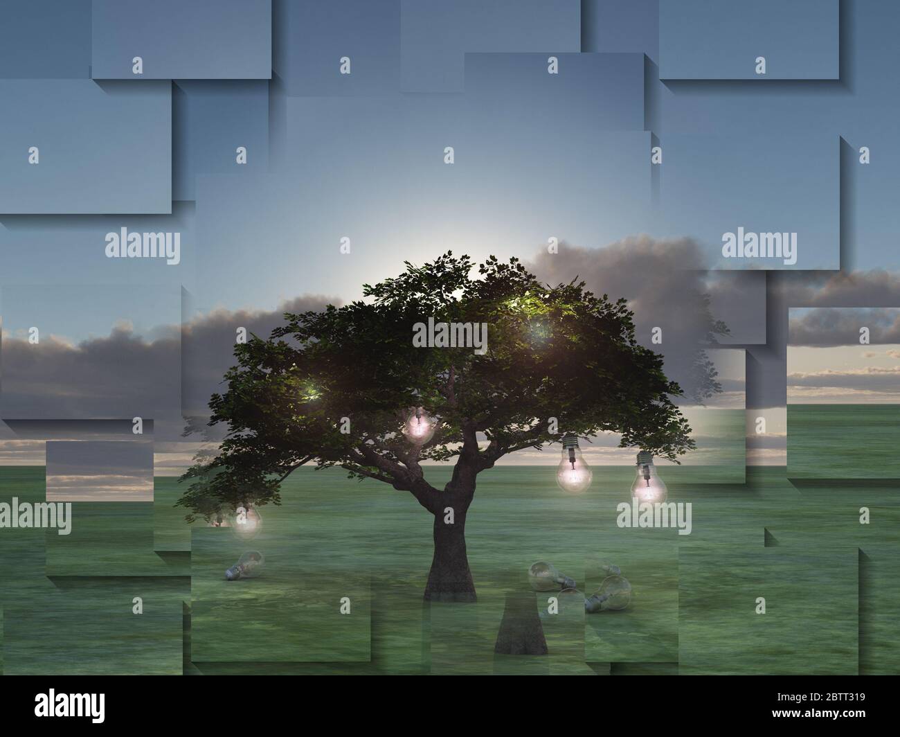 Surreal digital art. Tree with light bulbs symbolizes knowledge and ...