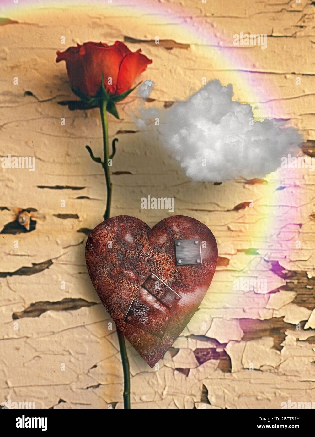 Surrealism. Red rose and rusted heart with metal patches. Cloud and ...