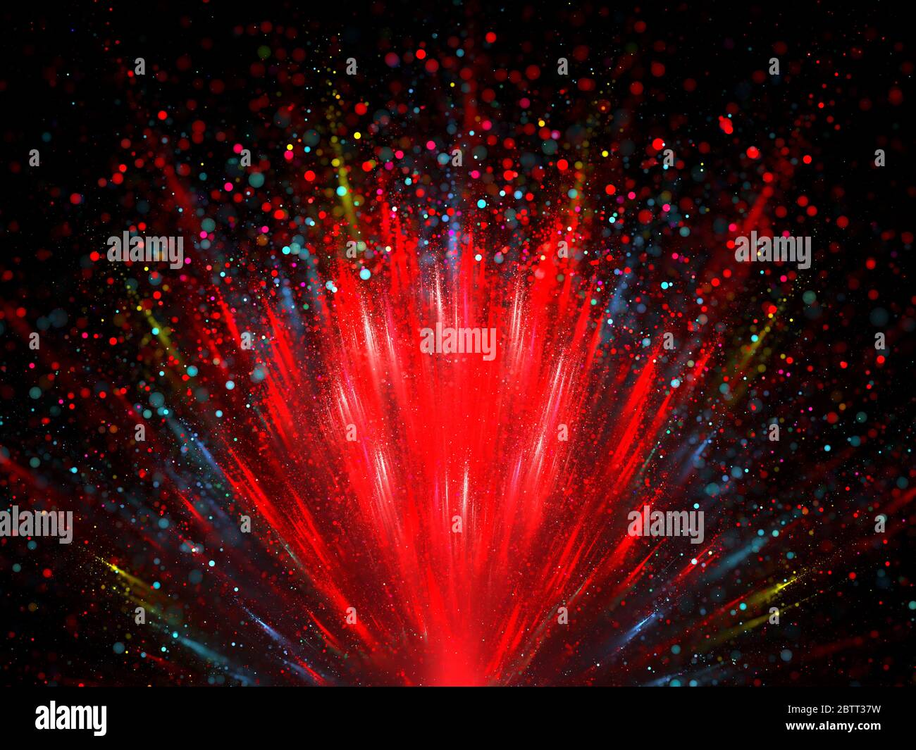 Abstract bouquet of red, yellow and blue exploding powder, on black ...
