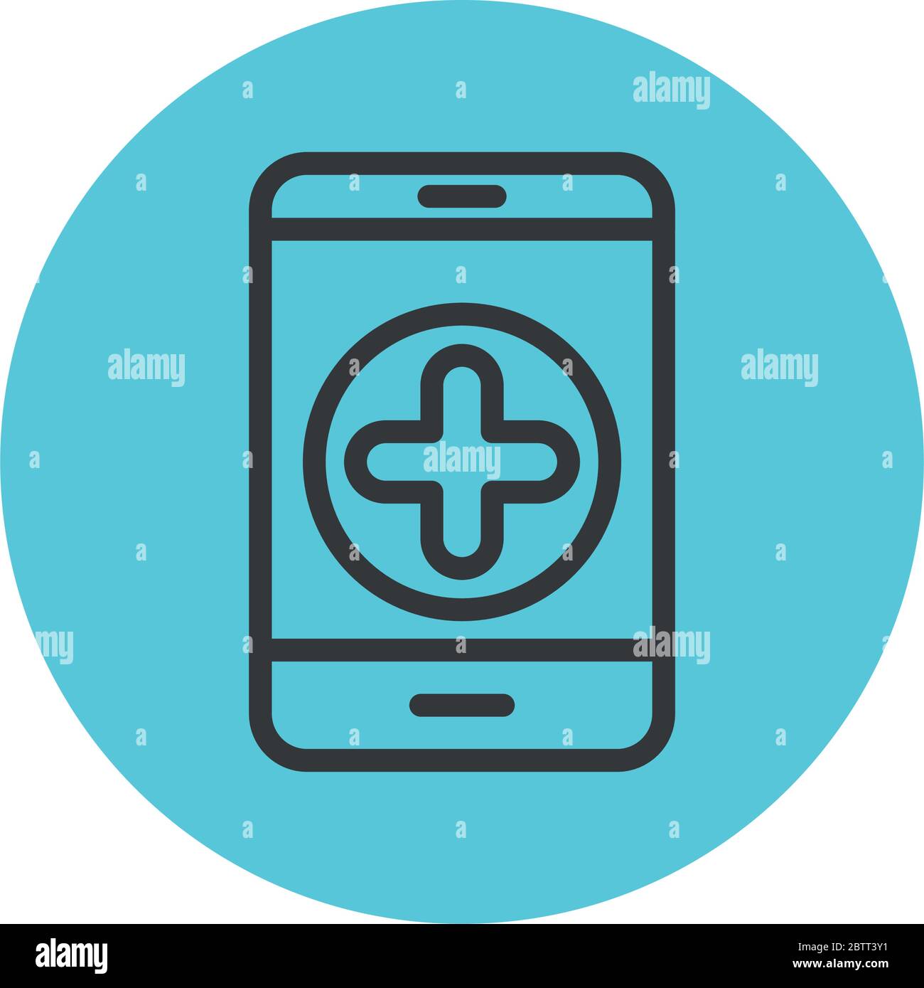 smartphone with medical app icon over white background, block line ...