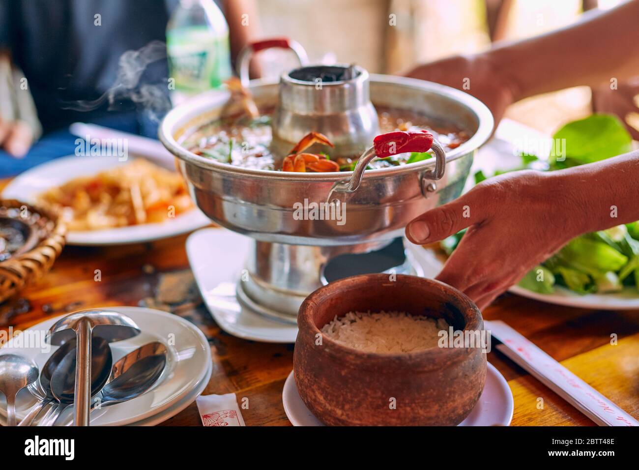 Vietnamese seafood in a pot boiling with crab and spices yummy Stock ...