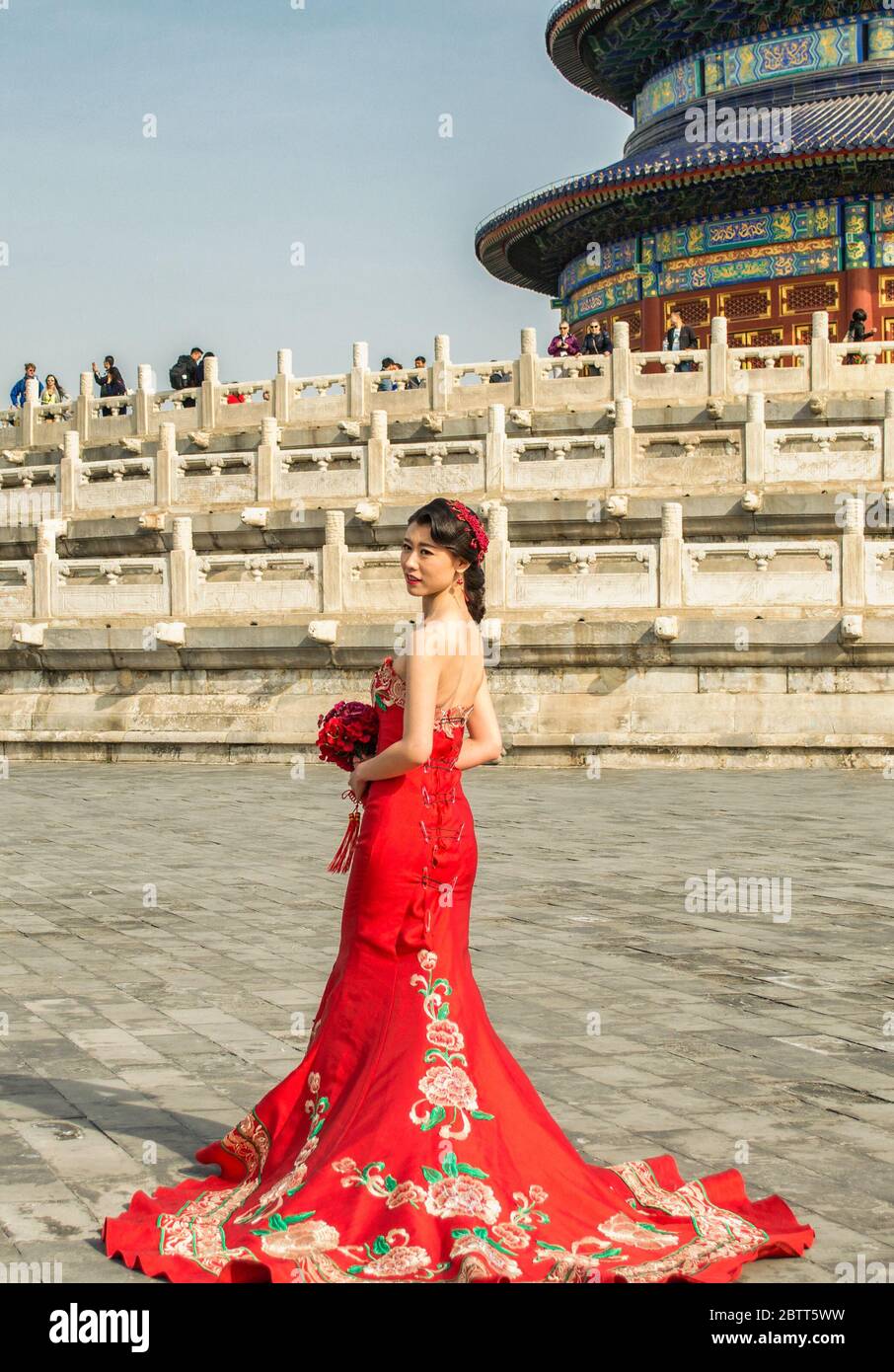 Beijing / China - April 5, 2015: Pretty Chinese girl in red wedding ...