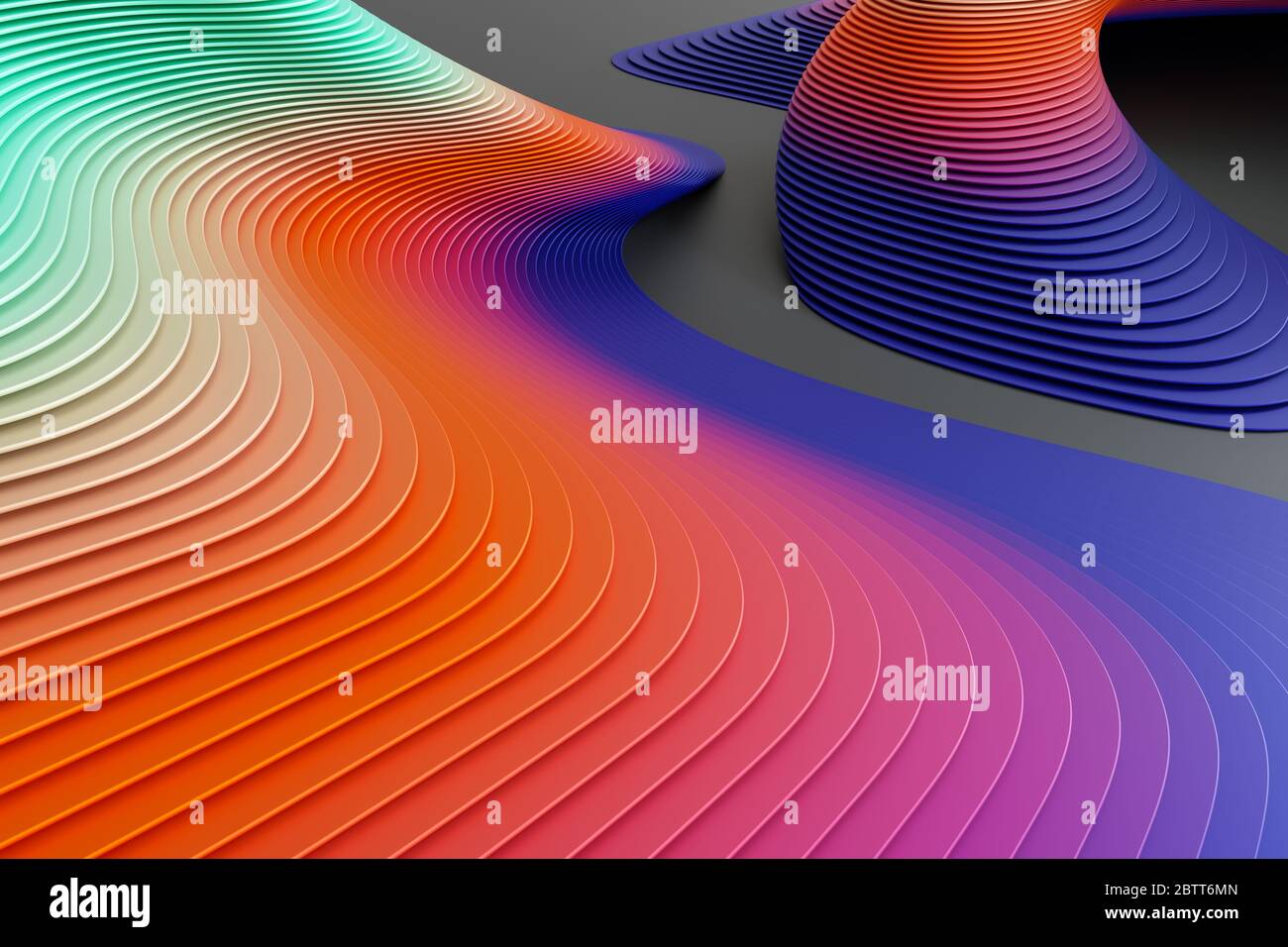 3D rendering of colorful abstract curved lines on black matte surface ...
