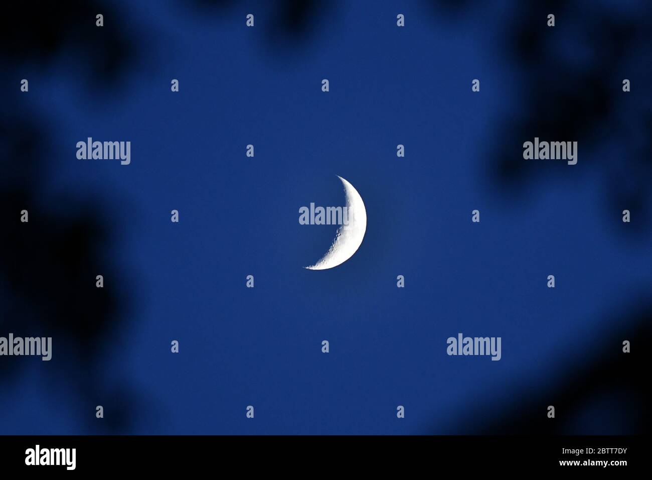 A clear crescent moon seen from New Mills, Derbyshire, just before 10 ...