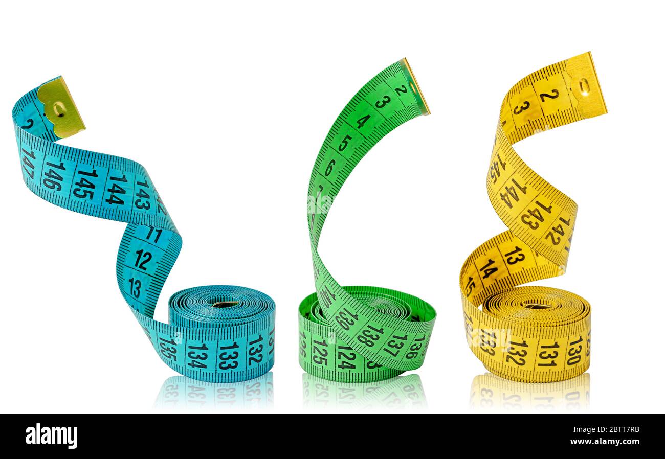 Three multi colored measuring tapes isolated on white background Stock ...