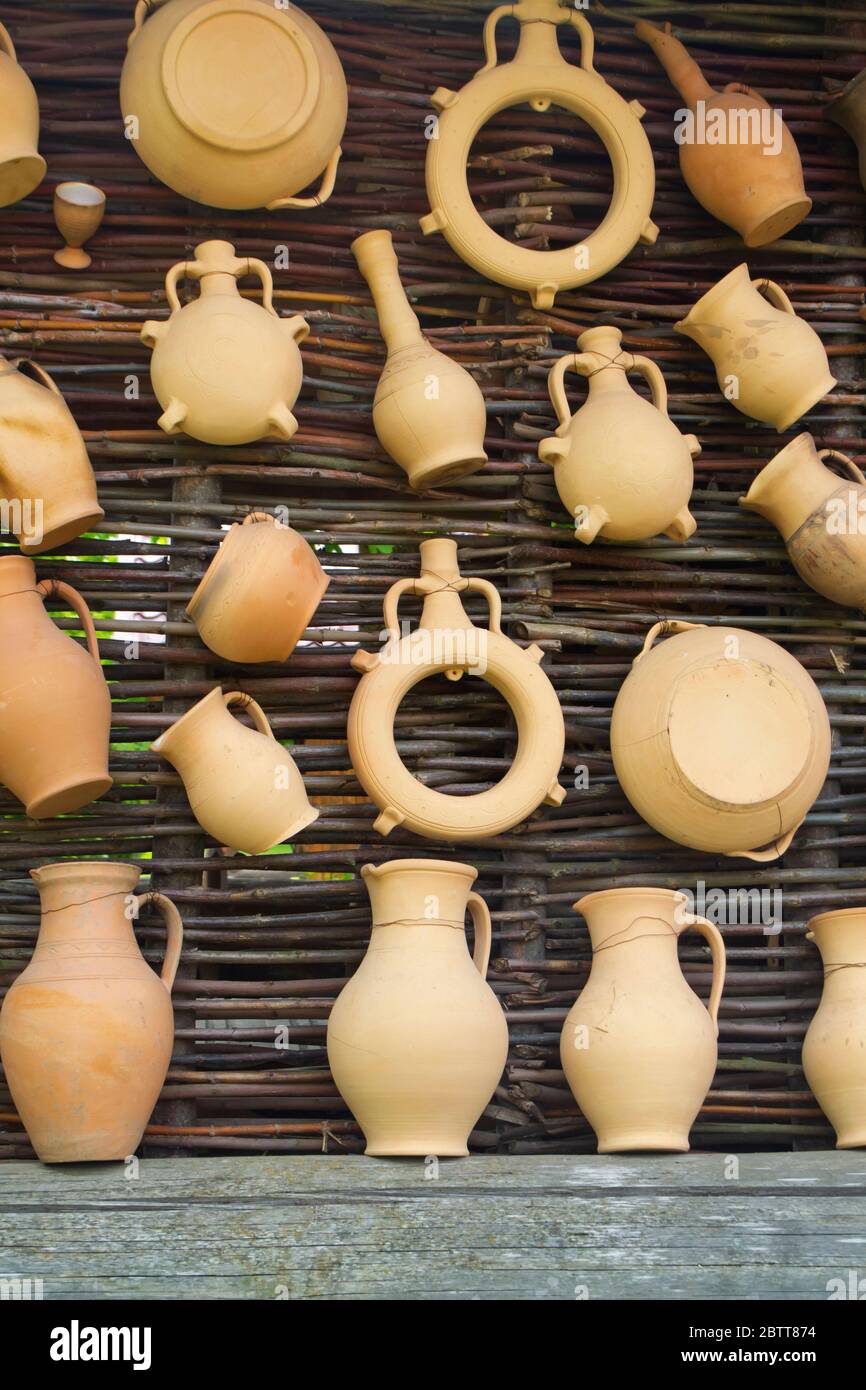 Rustic handmade ceramic clay brown terracotta cups and jug souvenirs ...