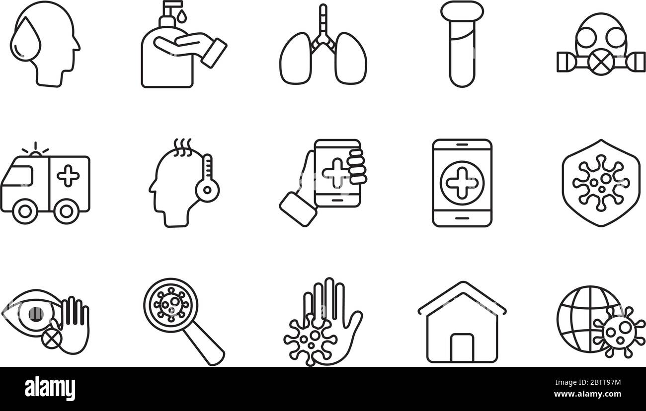 lungs and coronavirus protective measures icon set over white ...