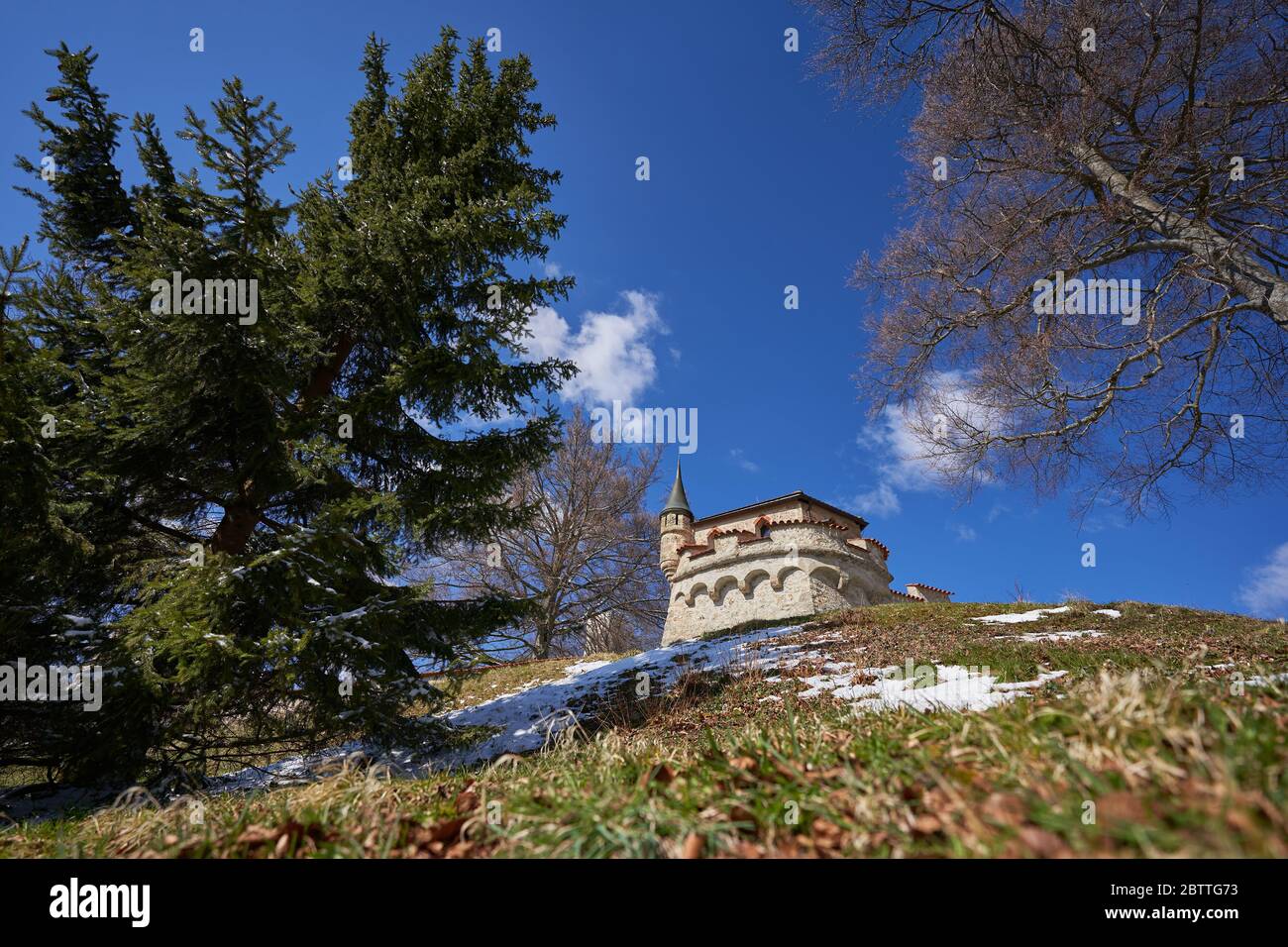 Single tower of Lichtenstein Castle from bottom to top in winter Stock ...
