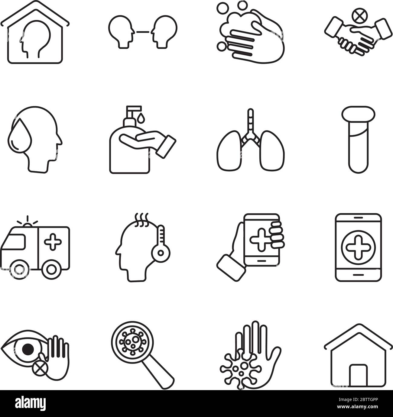 handshaking and coronavirus protective measures icon set over white ...