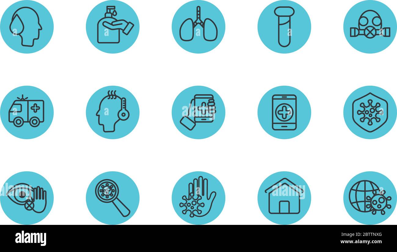 lungs and coronavirus protective measures icon set over white ...