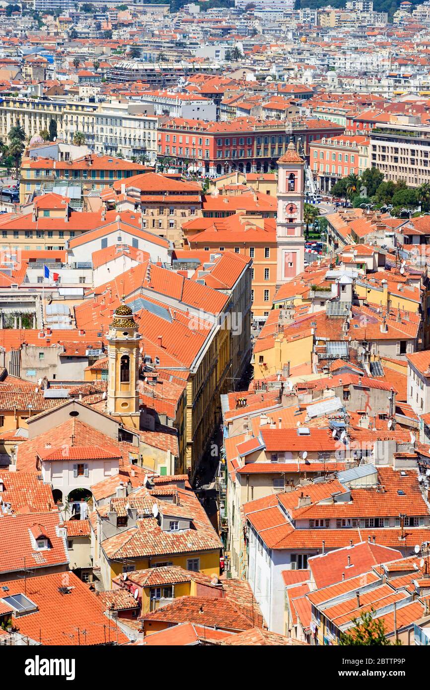 Panoramic rooftop view from Castle Hill over historic Nice Old Town ...