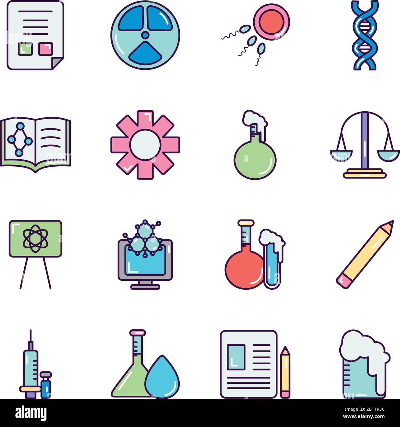 nuclear symbol and biochemistry icon set over white background, line ...