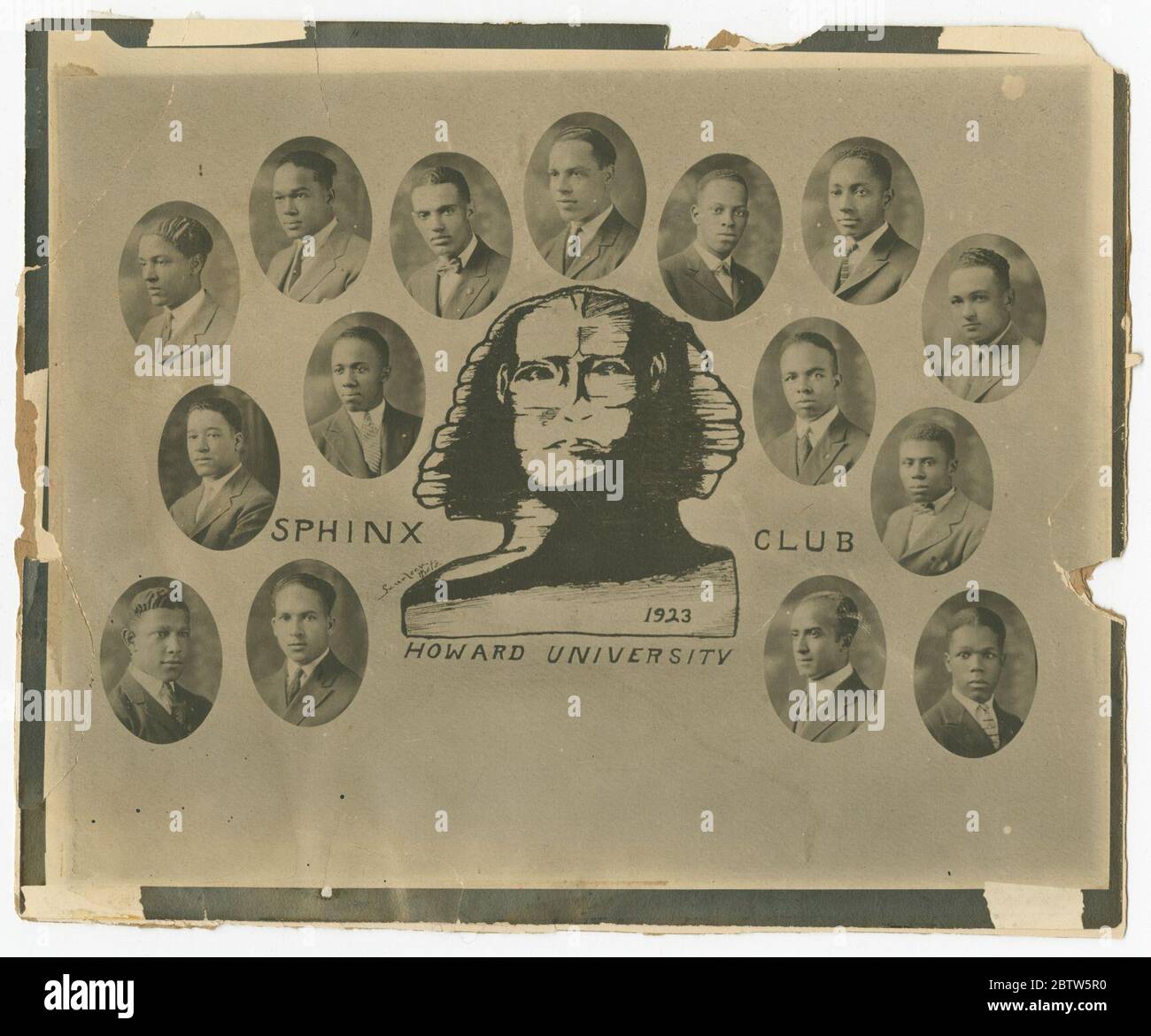 Collage of photographs of the Alpha Phi Alpha Sphinx Club fraternity. A ...