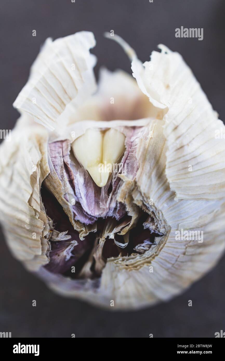 healthy plant-based ingredients, close up of garlic on kitchen ...