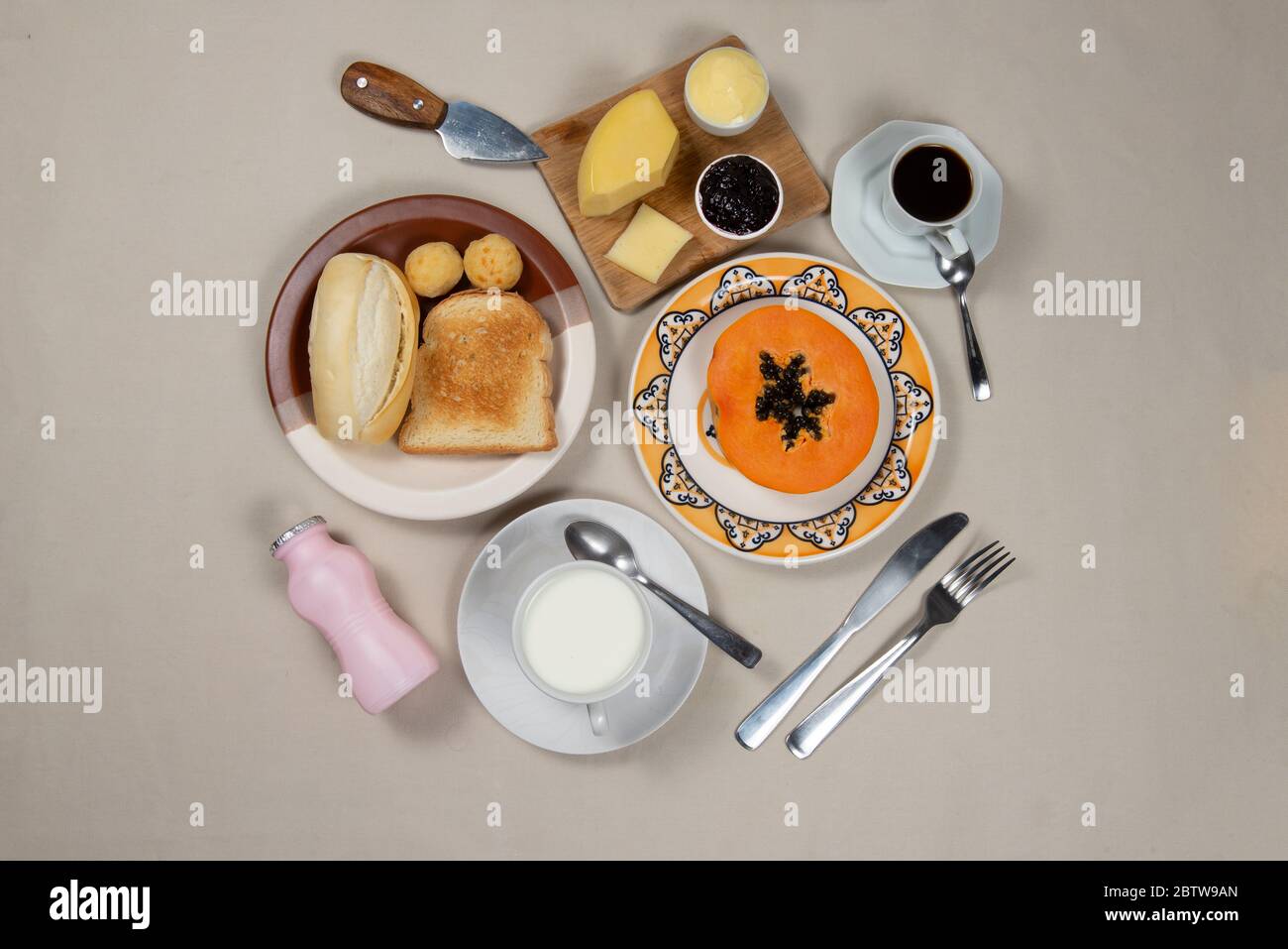 typical Brazilian breakfast with coffee, cup of milk and bread Stock ...
