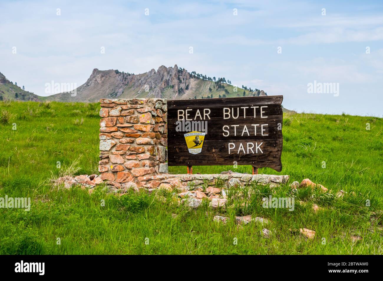 Bear Butte SP, SD, USA - May 29, 2019: A welcoming signboard at the ...