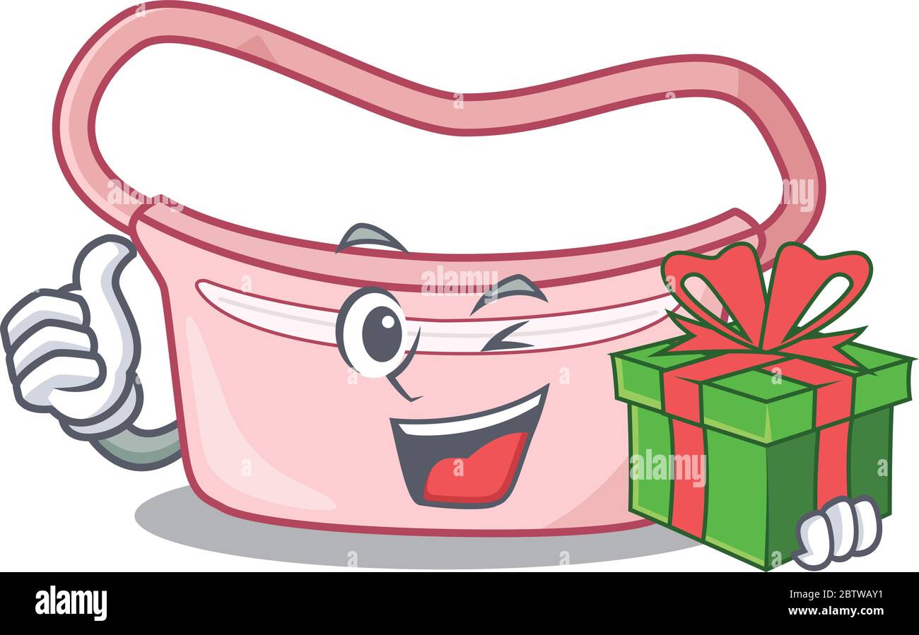 joyful women waist bag cartoon character with a big gift box Stock ...