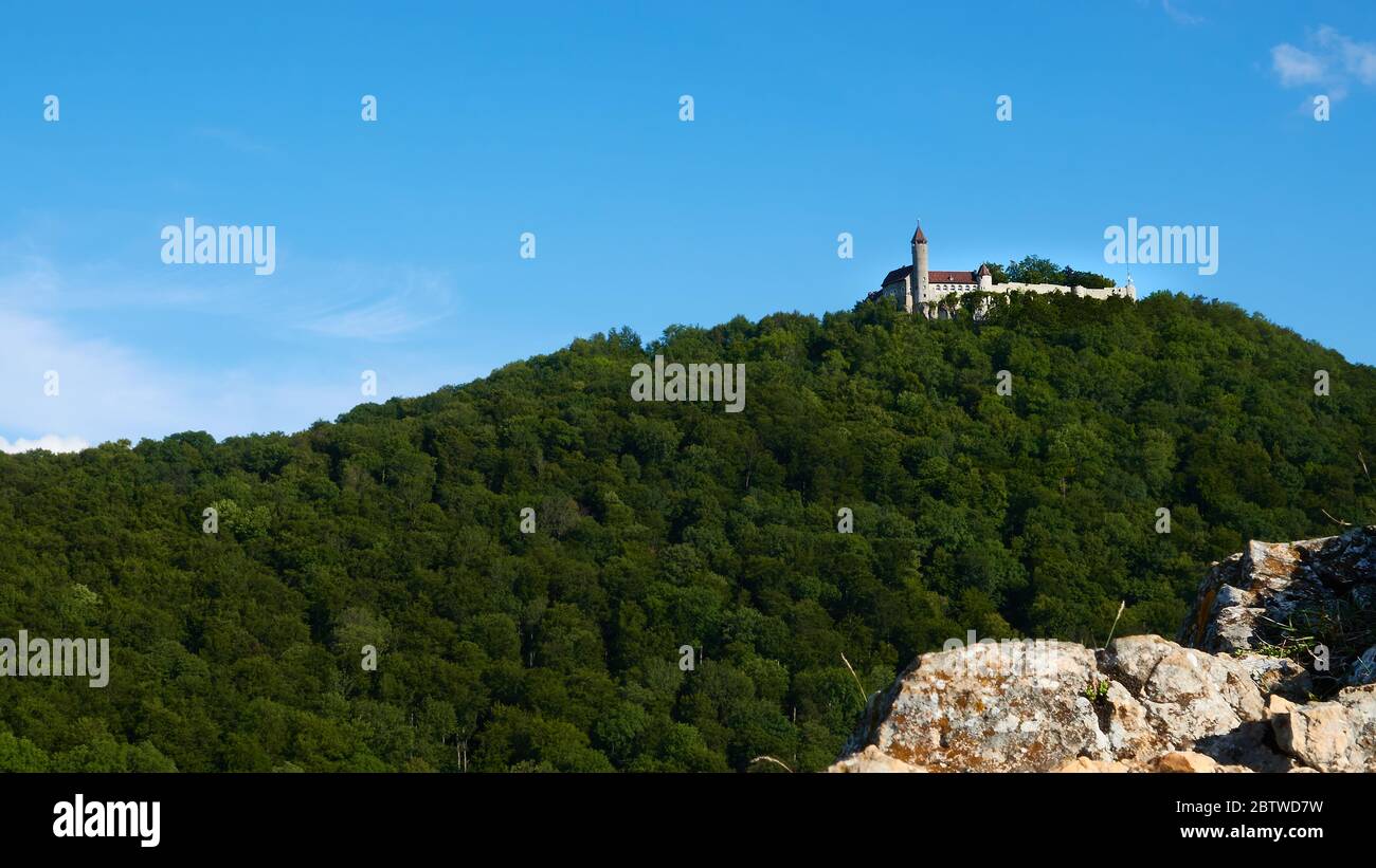 View of Teck Castle from the hill, Small rock protrudes into the ...
