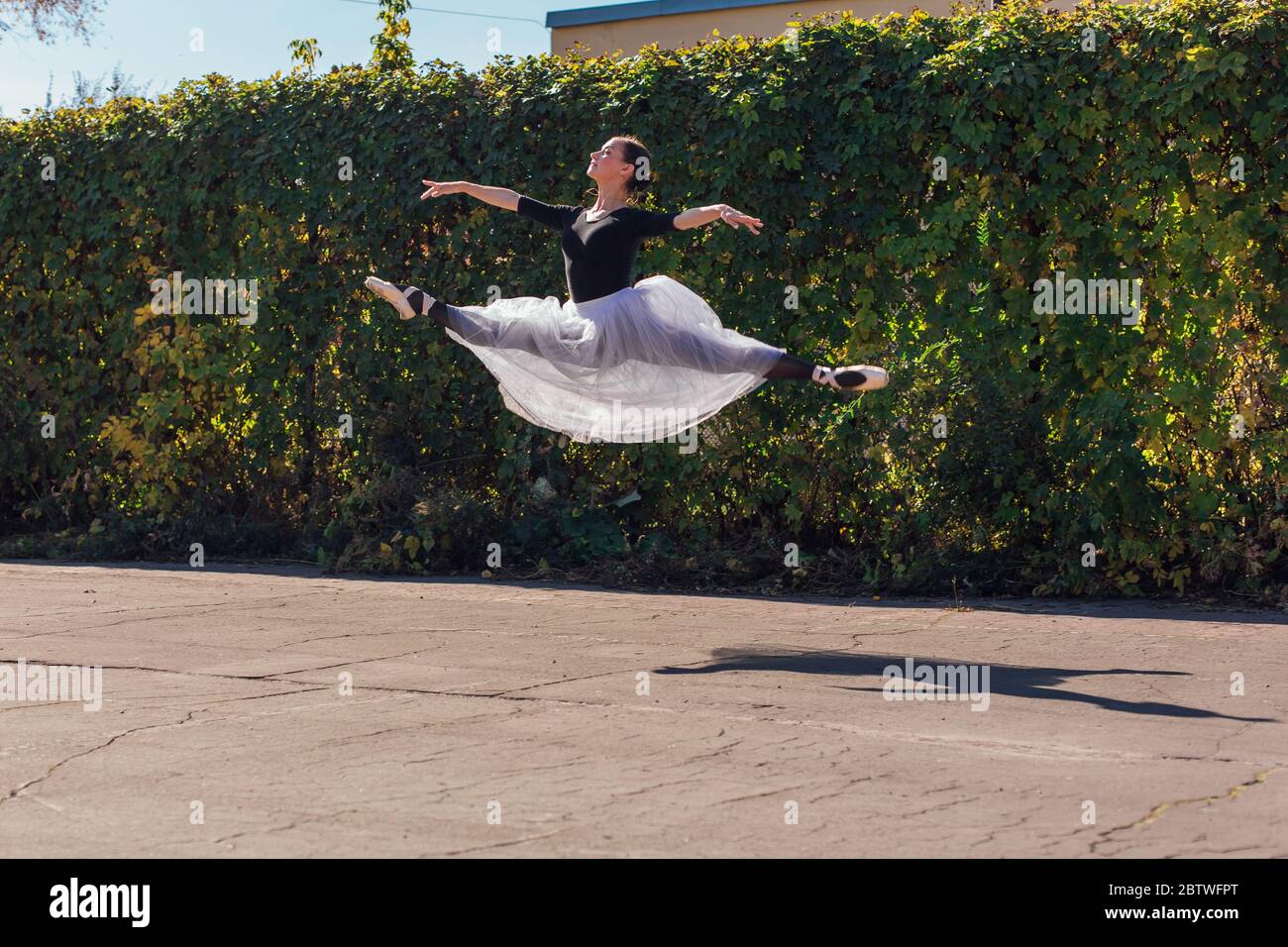 Woman ballerina in a white ballet skirt dancing in pointe shoes in ...